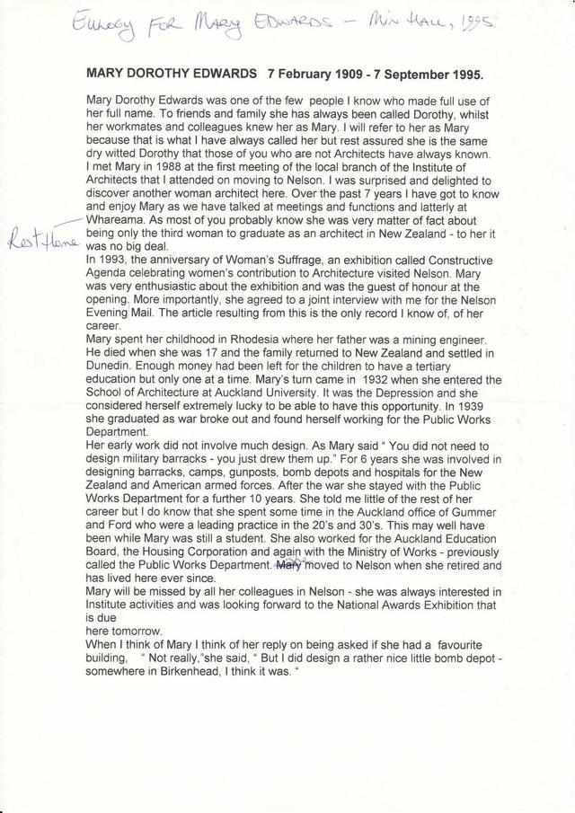 Eulogy: Mary Dorothy Edwards, by Min Hall -AWNZ